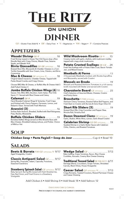 Menu – The Ritz on Union